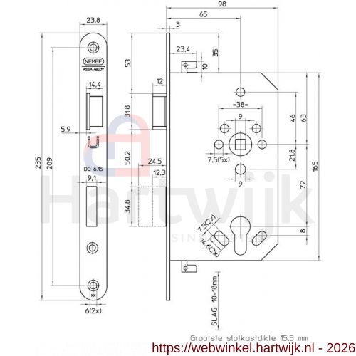 Nemef hoofdslot meerpuntsluiting 1749/09-65 DR draairichting 2+4 bulk ...